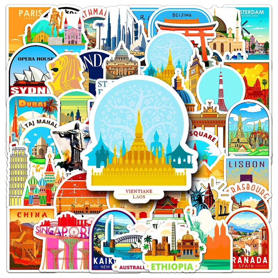 50pcs Famous Landmark Stickers, City Scenery Personality Outdoor Travel ...