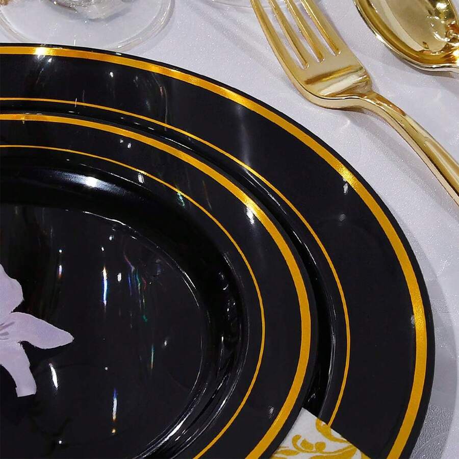 20pcs/Set 19cm Black Bottom With Gold Edge Plates, Reusable & Washable ...