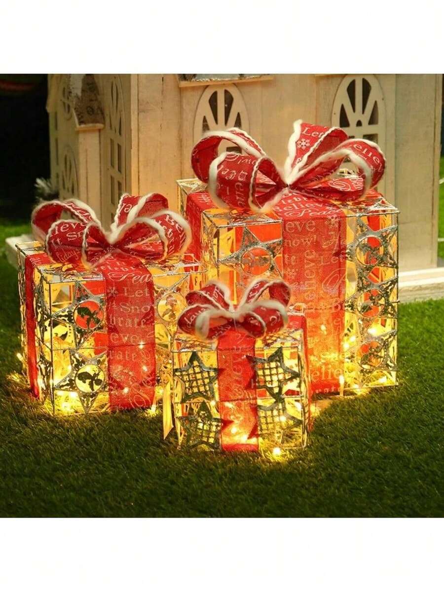 Gift Box Christmas Tree Decorations Wrought Iron Gift Box Three-Piece ...