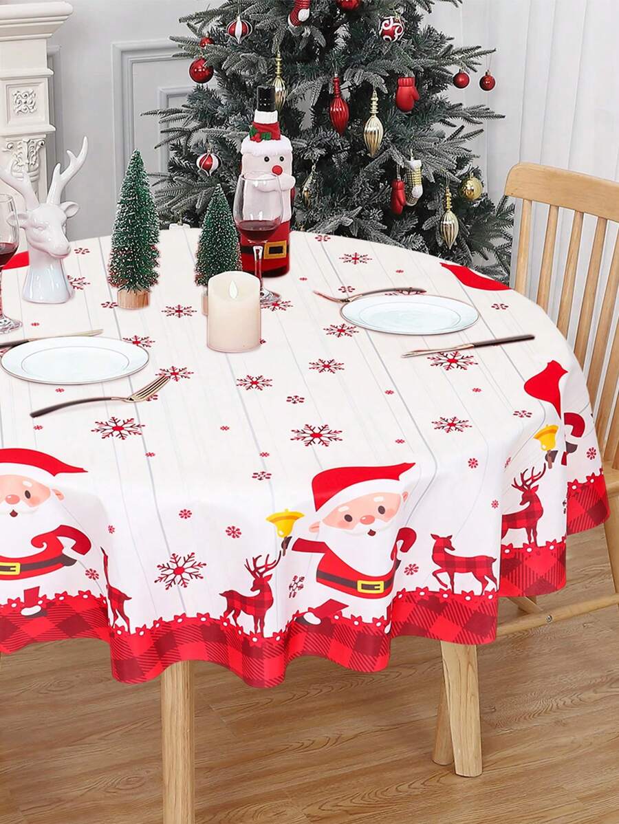 1pc Round Polyester Christmas Decorative Tablecloth, Red Checkered Edge ...