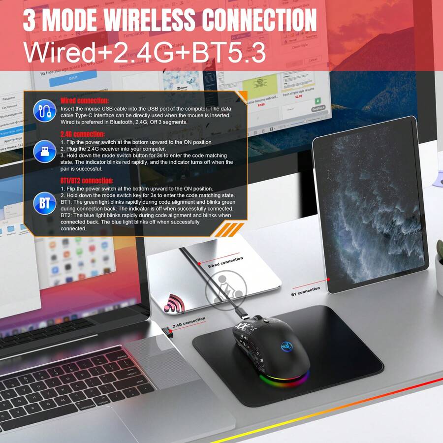 T90 2.4G Wireless Mechanical Mouse RGB Gaming Mouse Ergonomic 10 ...