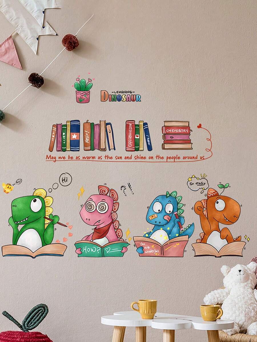Cartoon Reading Dinosaur Wall Stickers For Children Bedroom ...