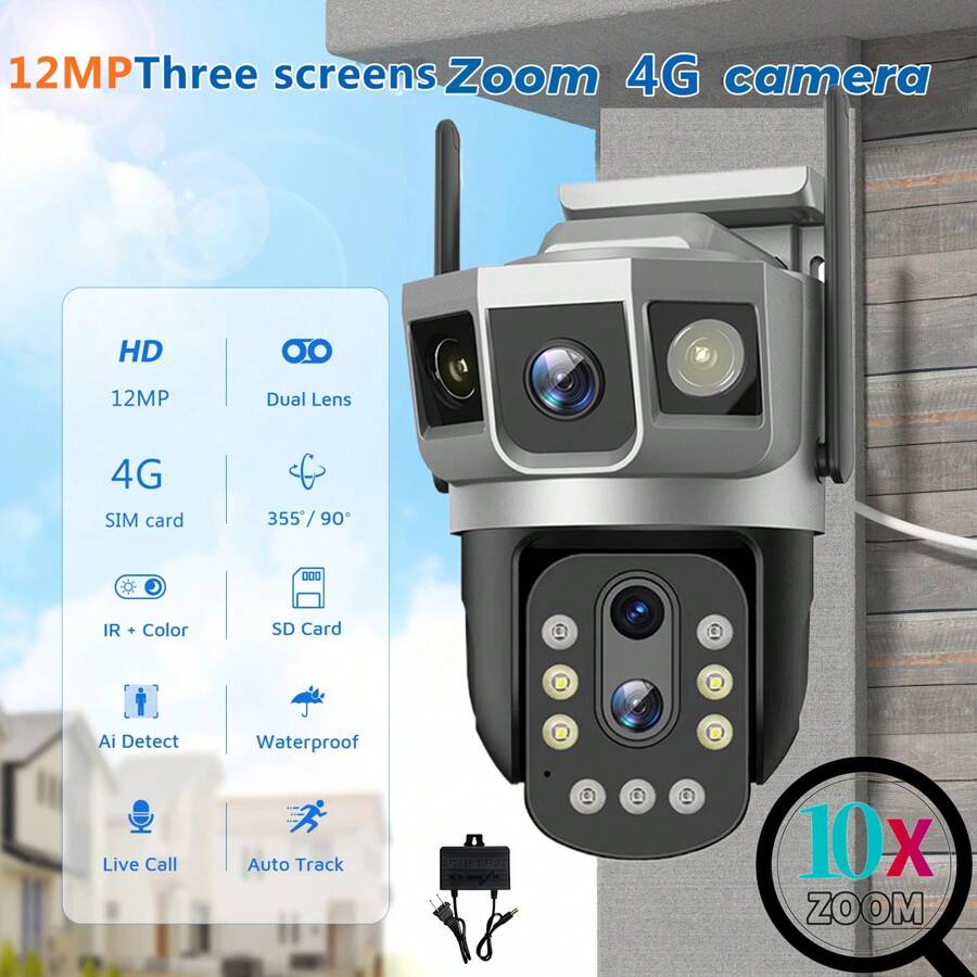 SWVW Câmera IP 12MP 6K HD 4G Zoom 10X Externo Três Lentes Três Telas ...