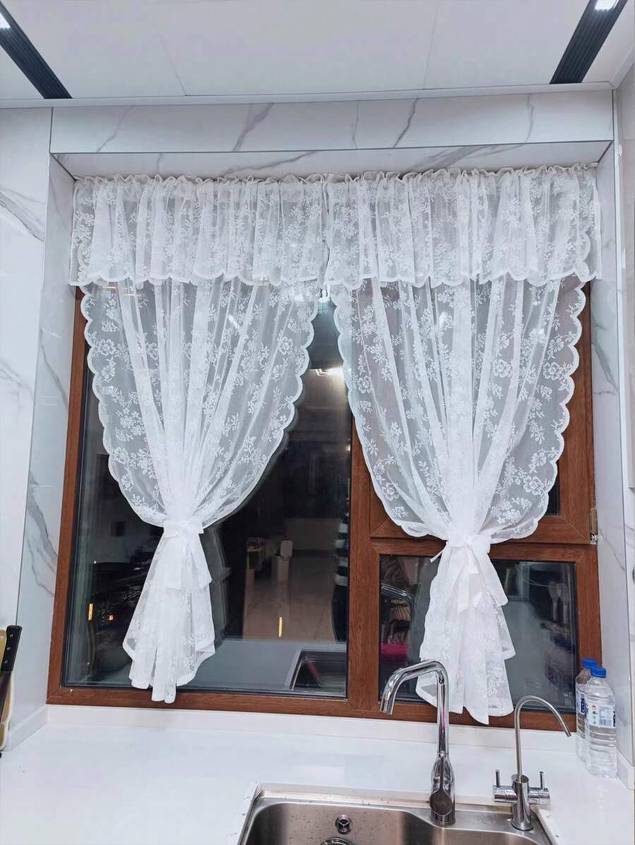 1pc White Lace Curtain Panel With Header Trim, No Installation Needed ...