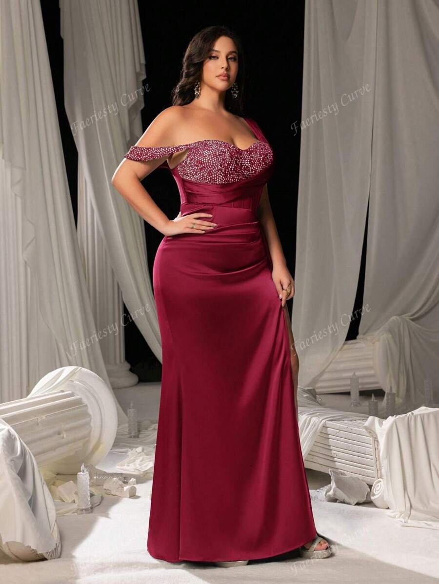 Faeriesty Plus Asymmetrical Neck Ruched Wrap Hem Formal Party Dress ...