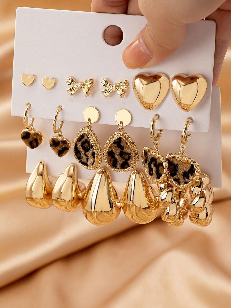 9 Pairs Minimalist Heart Bow Stud Earring , Leopard Print Dangle Earrings , Golden Color Droplet ...
