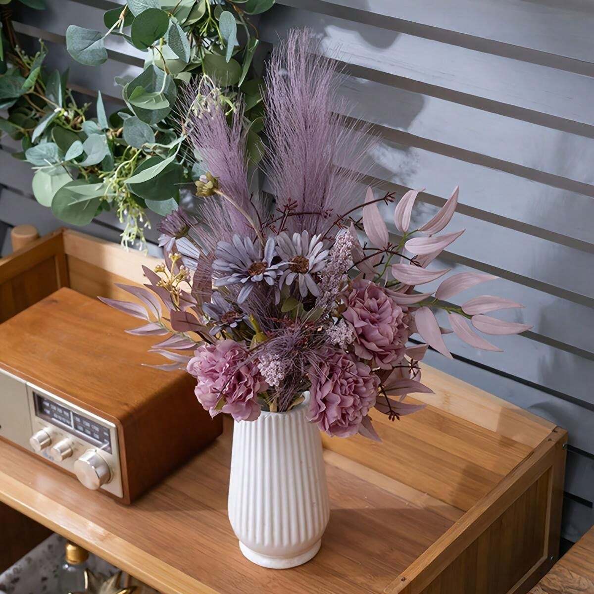 1 Bouquet Artificial Flowers, Purple Silk Flower Arrangements Faux ...