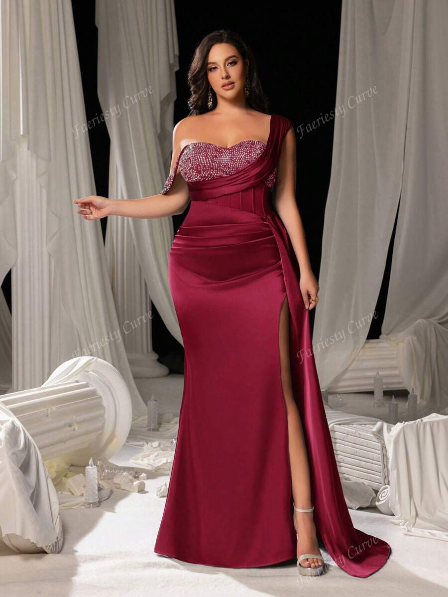 Faeriesty Plus Asymmetrical Neck Ruched Wrap Hem Formal Party Dress ...