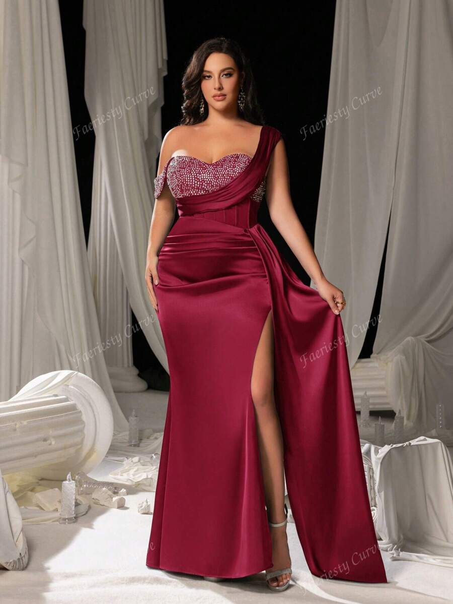 Faeriesty Plus Asymmetrical Neck Ruched Wrap Hem Formal Party Dress ...