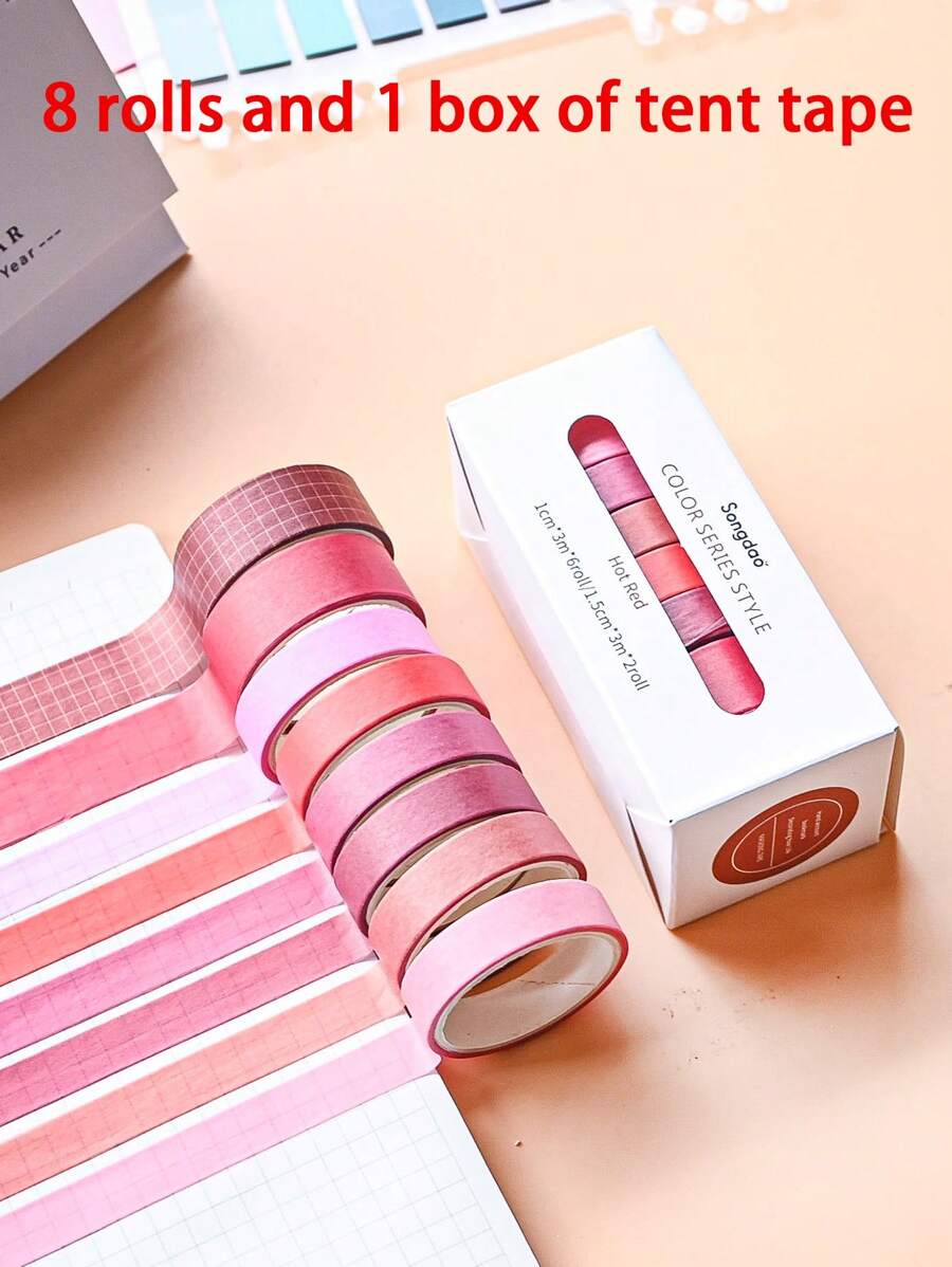 8 Rolls 1 Box Of Ledger Tape Solid Color Base And Paper Tape 2 Meters ...
