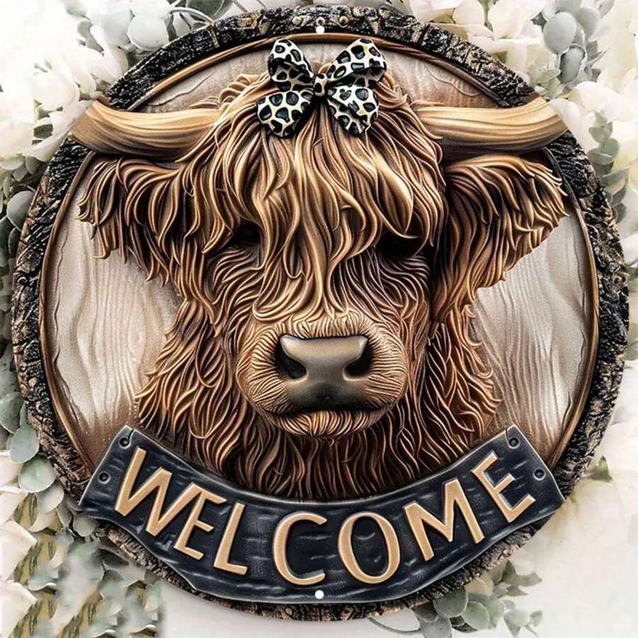 2D Highland Cow Welcome Sign - Waterproof Door Hanger, Farmhouse Style ...