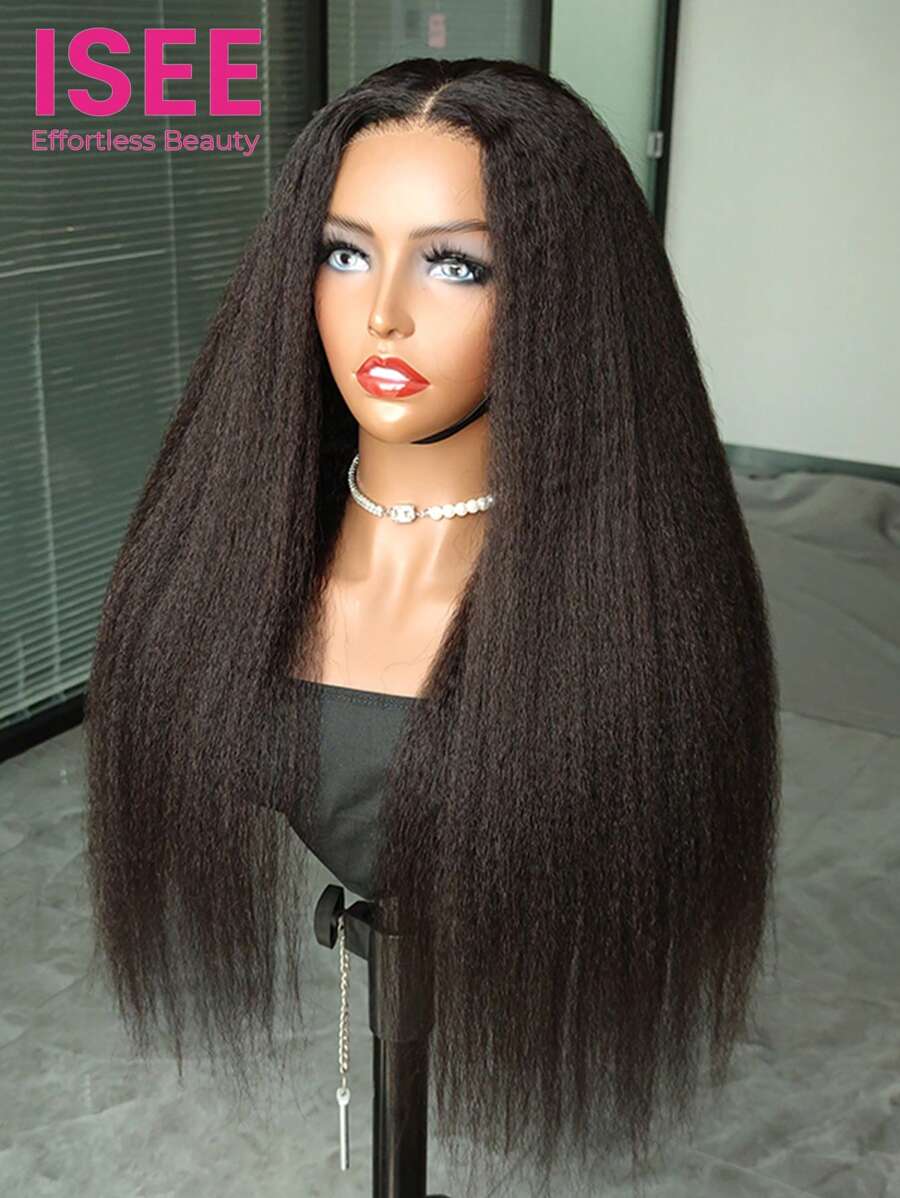 ISEE Kinky Straight Natural Black 13x4 Glueless HD Lace Wig Pre-Plucked ...