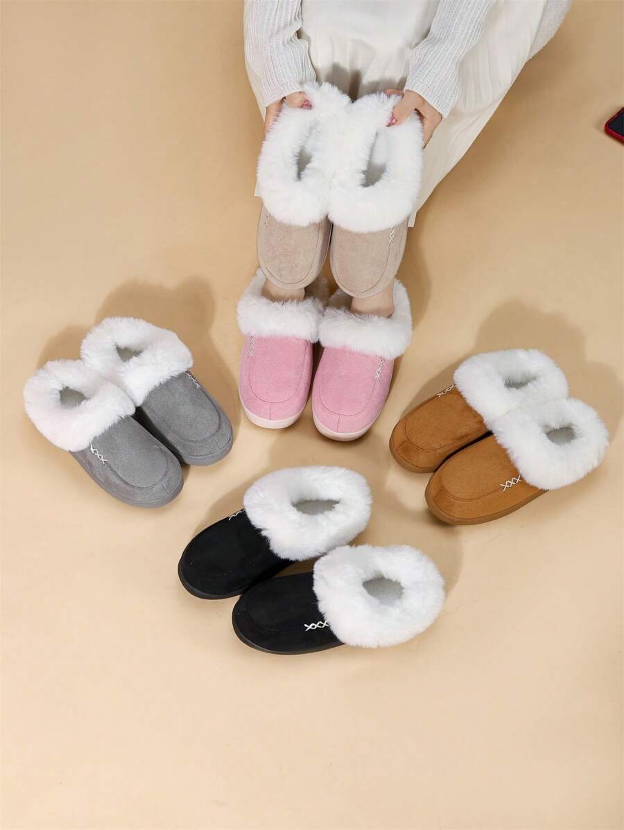 Thick Winter Home Slippers, White Fluffy Trim Warm Heel Slippers ...