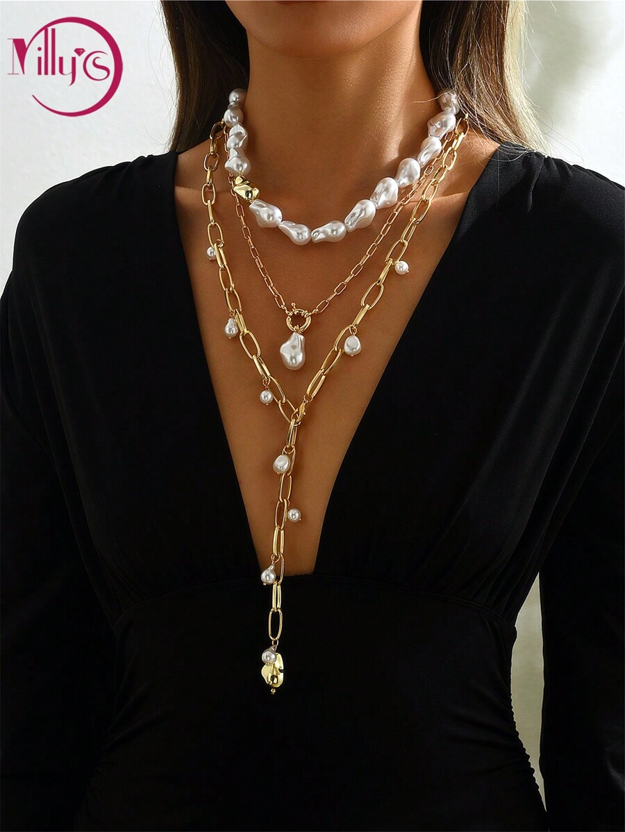 Set de 2-3 collares de mujer, collares largos con perlas exageradas, collar de perlas barrocas ...