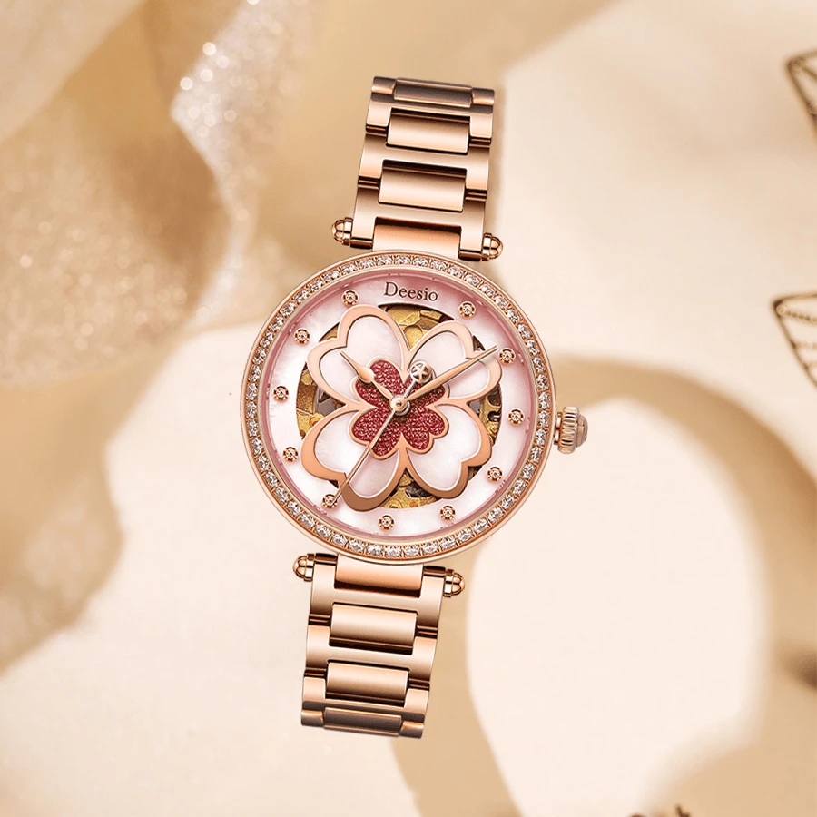 Deesio Rose Gold Stainless Steel Automatic Mechanical Hollow Gear ...