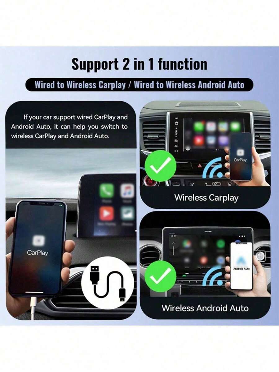 Acodo 2 en 1 Adaptador Mini Cableado a Inalámbrico CarPlay y Android Auto compatible con el 99% ...