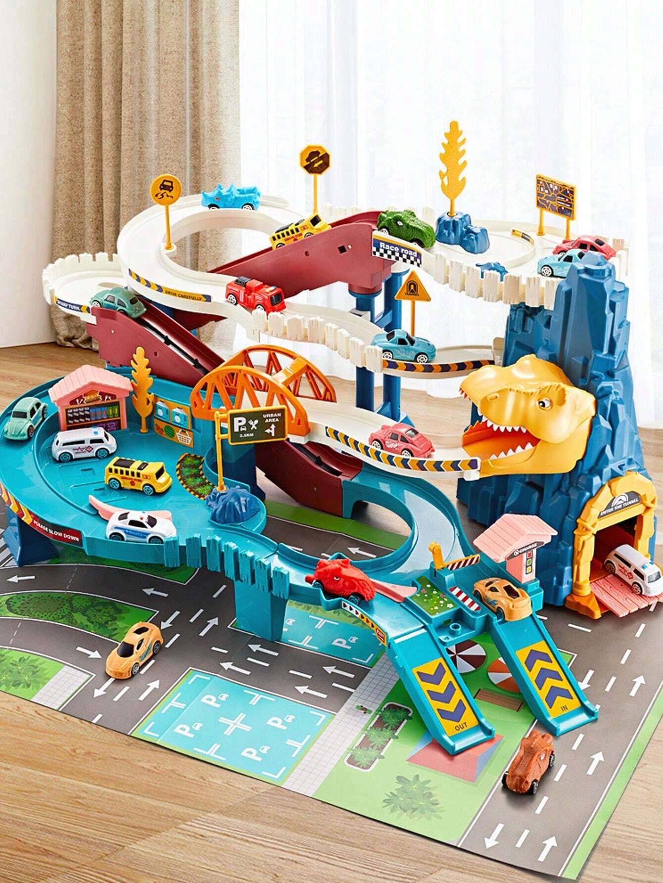 Kids Dinosaur Mountain Road Racing Track Playset With City Buildings ...