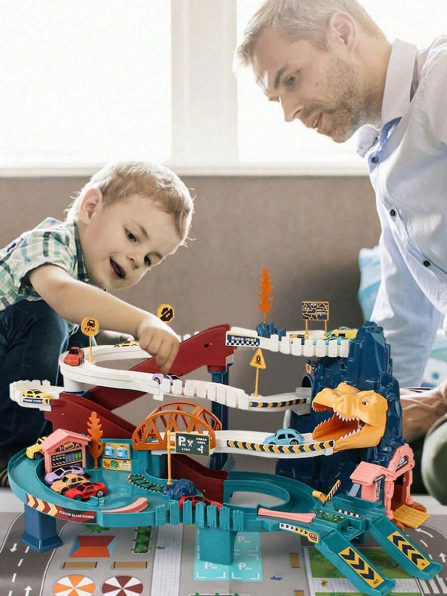 Kids Dinosaur Mountain Road Racing Track Playset With City Buildings ...
