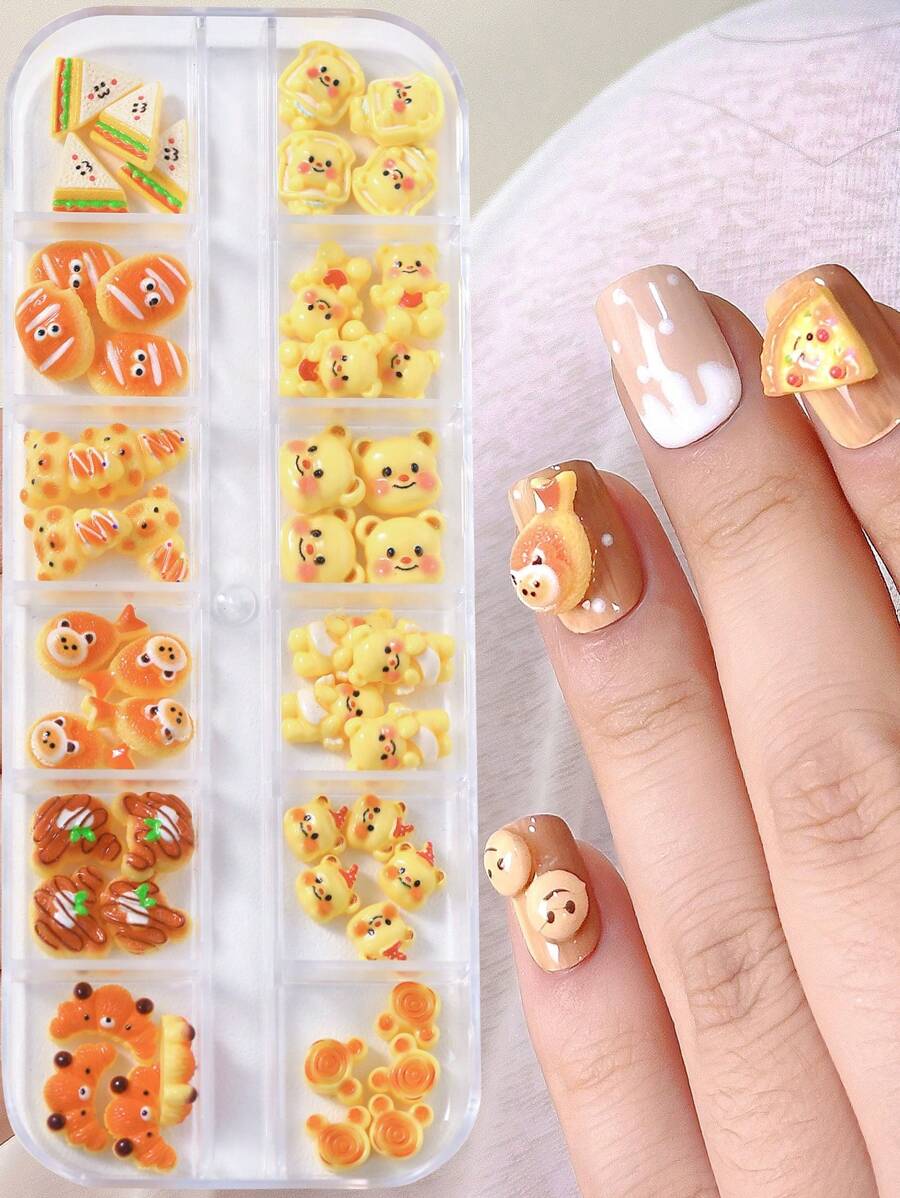Sanrio Cute Capybara And Cartoon Bear Nail Jewelry, 12 Grid Nail Resin ...