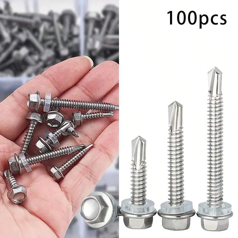 100 pièces Vis autotaraudeuses à tête hexagonale en acier inoxydable 410, vis autotaraudeuses à ...