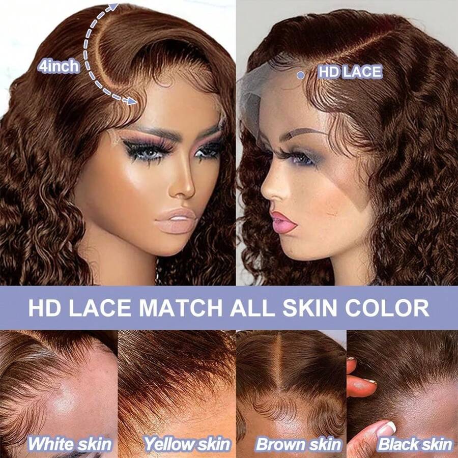 Perruque Bob Lace Front Wig naturelle ondulée, cheveux humains, brun chocolat, 13x4 HD, sans ...