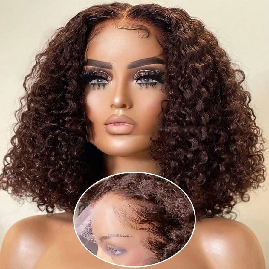 Perruque Bob Lace Front Wig naturelle ondulée, cheveux humains, brun chocolat, 13x4 HD, sans ...