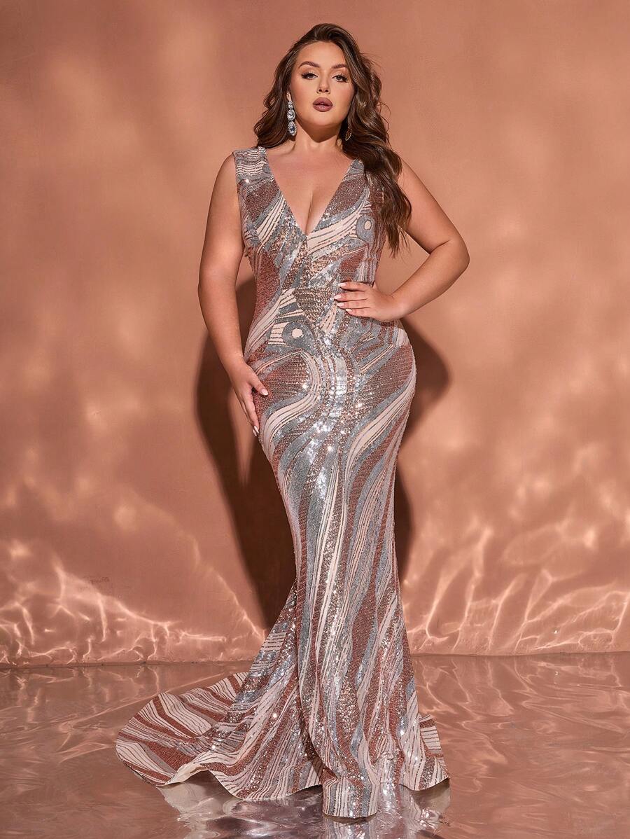 Plus Size Sequin V-Neck Maxi Evening Dress, Gold Color Elegant Formal Prom Wedding Guest Gown ...