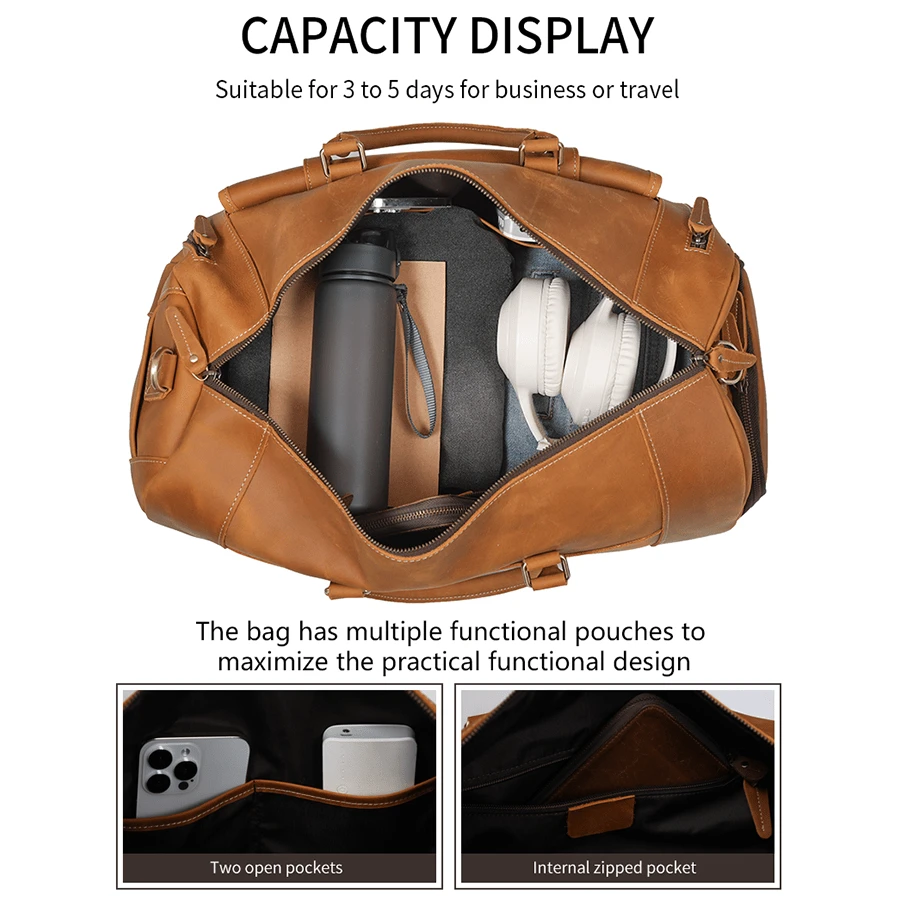 TIDING Custom Weekender Overnight Genuine Leather Travel Bag Duffel Bag With Shoes Compartment ...