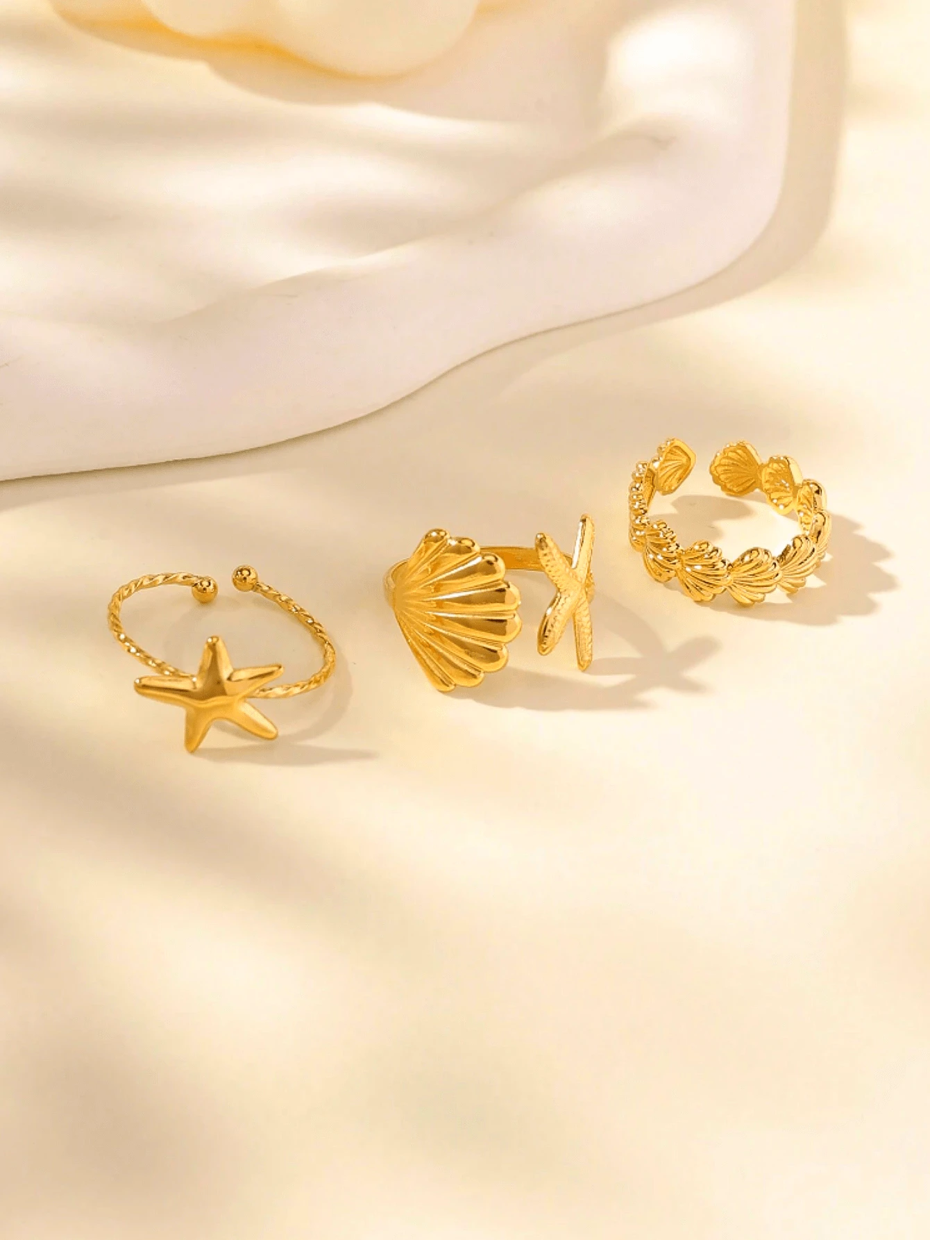 3pcs 18K Gold Plated Stainless Steel Adjustable Ring With Shell And ...