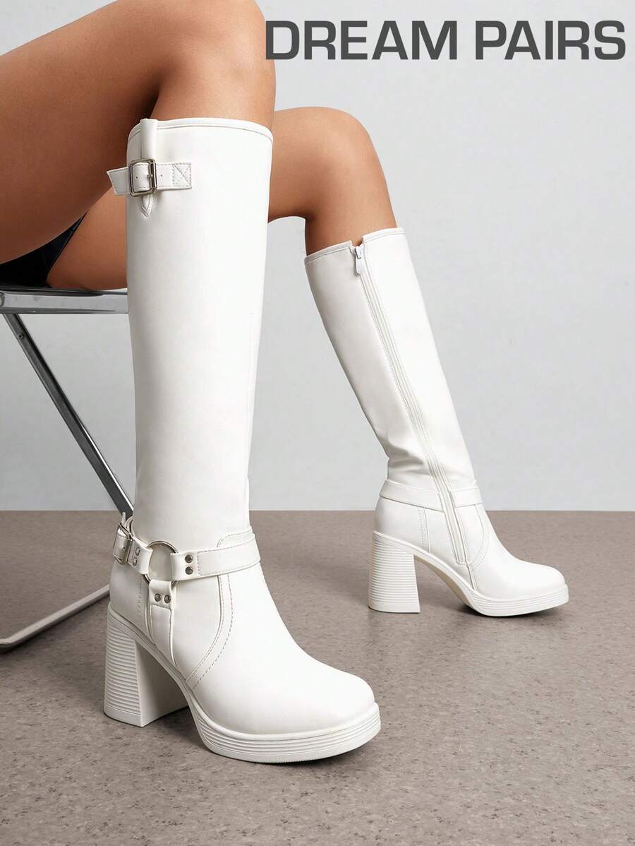 Women's Chunky Heel Platform Knee-High Boots Square Toe Side Zipper ...