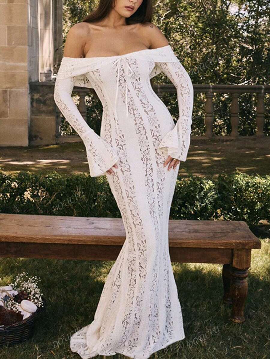 Sexy Slit Lace Hollow-Out Tie-Up Off-Shoulder Long Sleeve Fitted ...