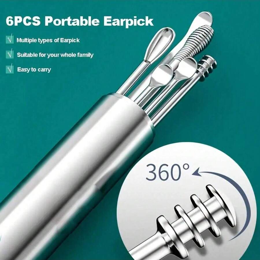 6pcs Stainless Steel Ear Wax Removal Kit, Portable Spiral Spring Ear ...