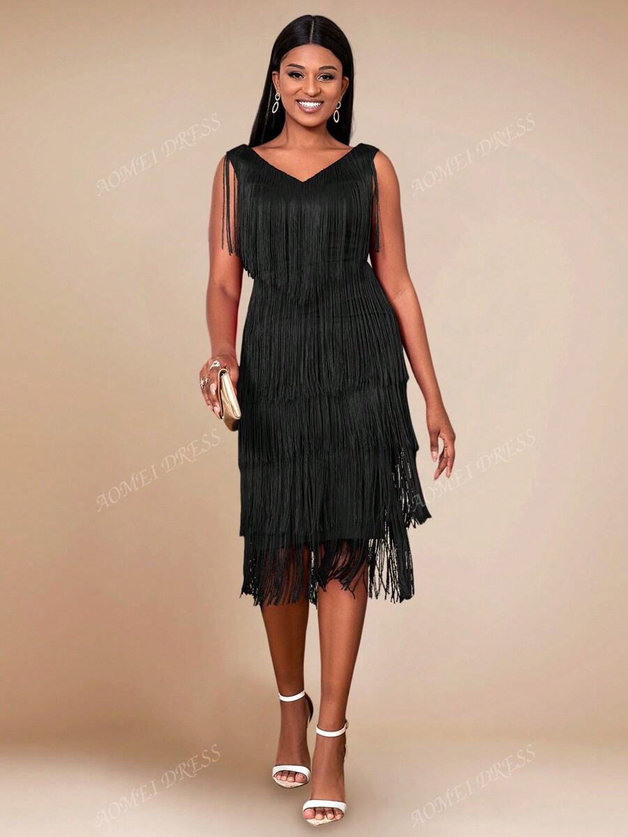 Deep V-Neck Patchwork Fringe Hem Bodycon Split Dress, Elegant Cocktail ...
