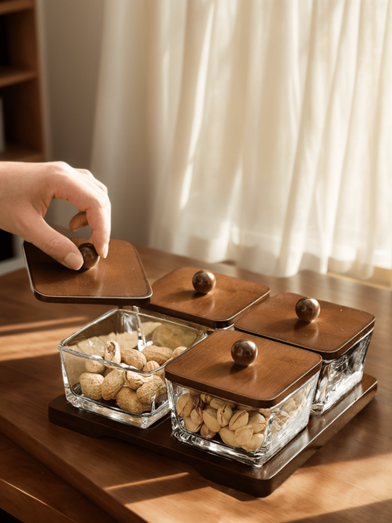 1pc Multi-Compartment Snack Tray With Lid, Includes Glass Bowls ...