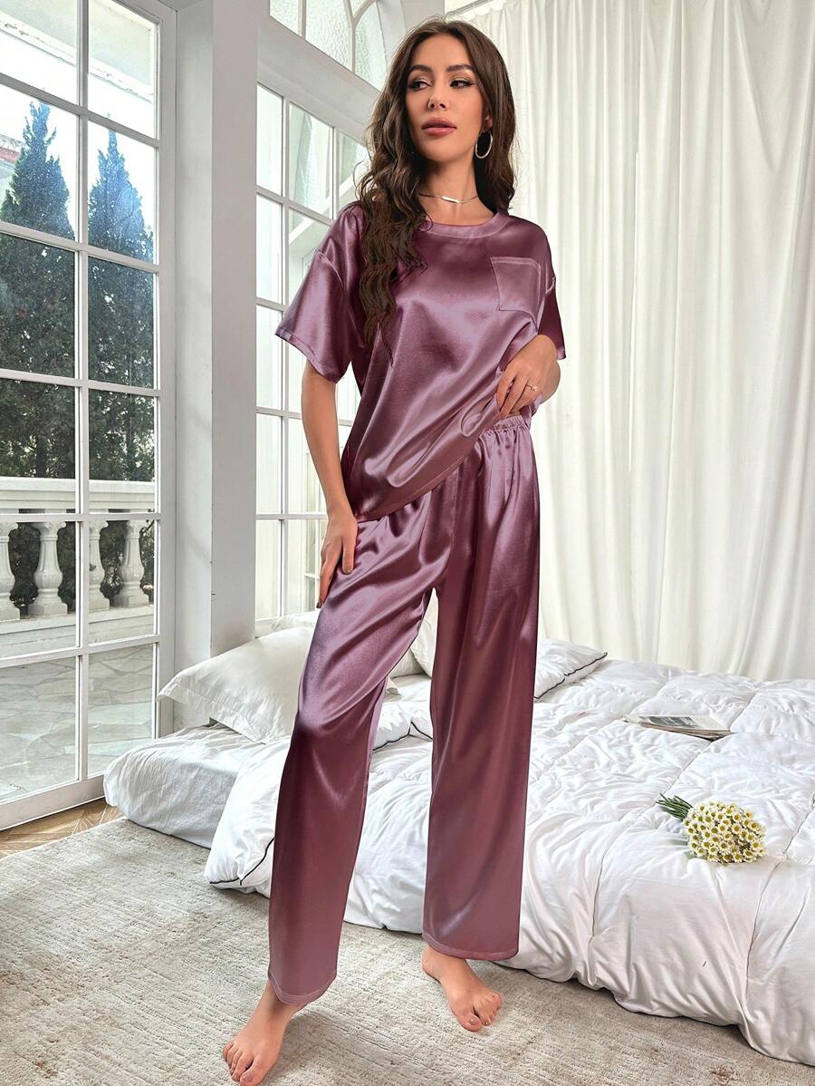 Luxe Solid Satin Women's Pajama Set - Crew Neck Short Sleeve Top And ...