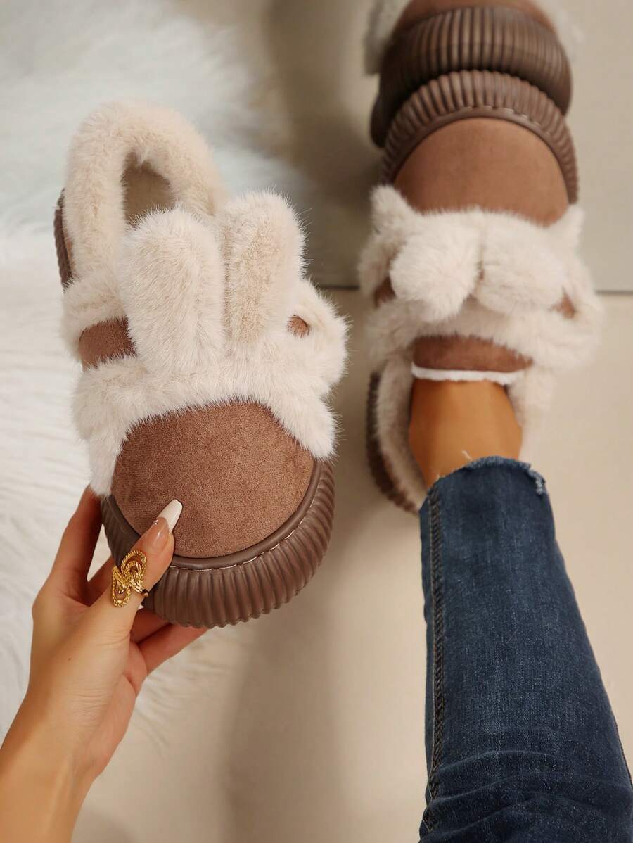 Women Closed Toe Fluffy Slip-On Slippers, Thick Sole Fluffy Slide ...