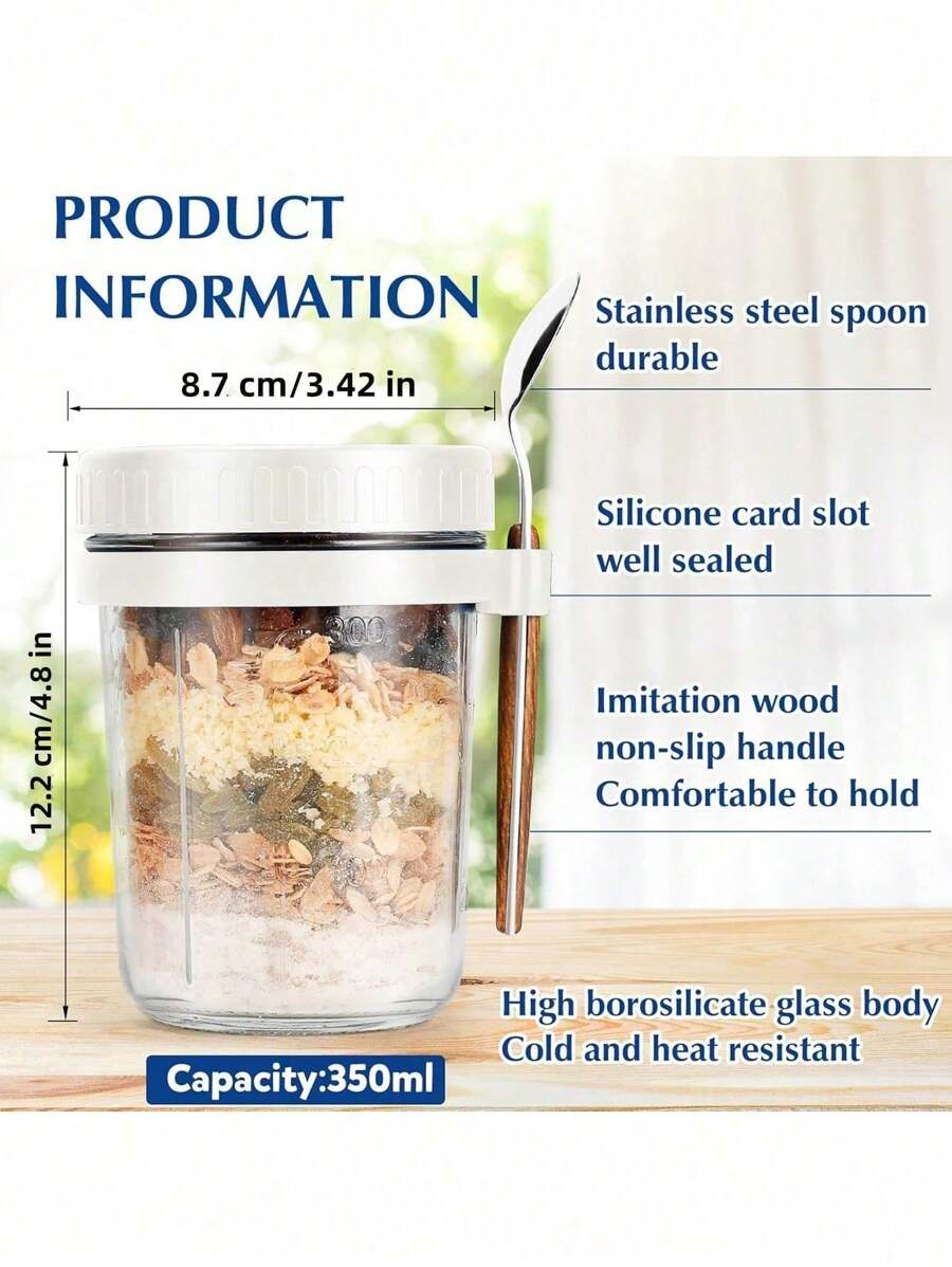 KEMORELA 1 pieza, 350ML, Frascos para avena overnight, Envase de avena overnight con tapa y ...