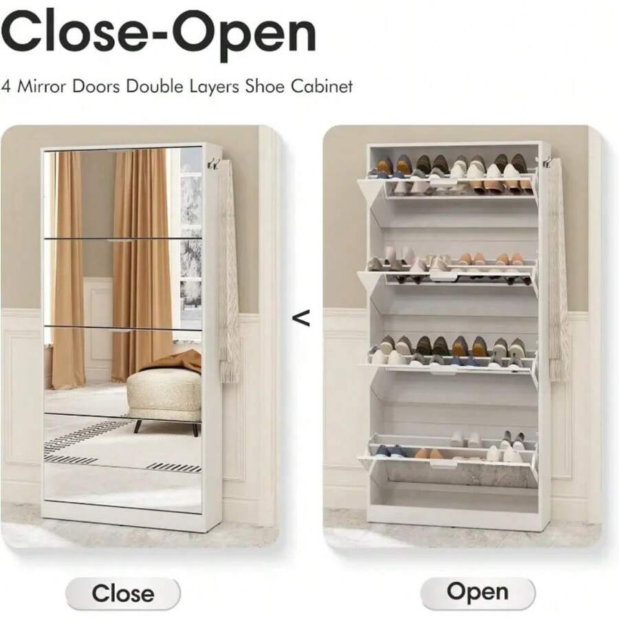Mirror Shoe Cabinet With 4 Flip Drawers, Wooden Shoe Organizer With 4 ...