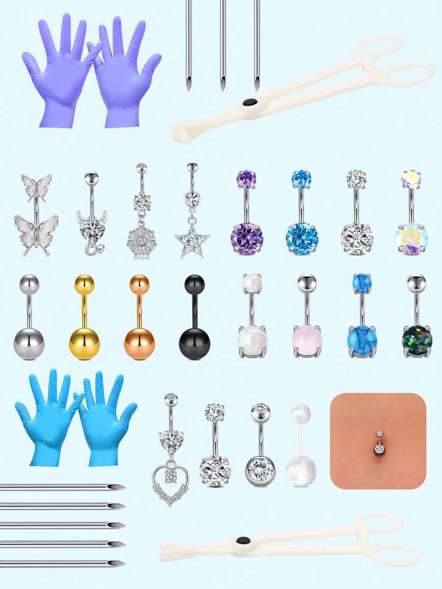 10-12pcs Belly Button Piercing Kit,14G Dangle CZ Belly Button Ring ...