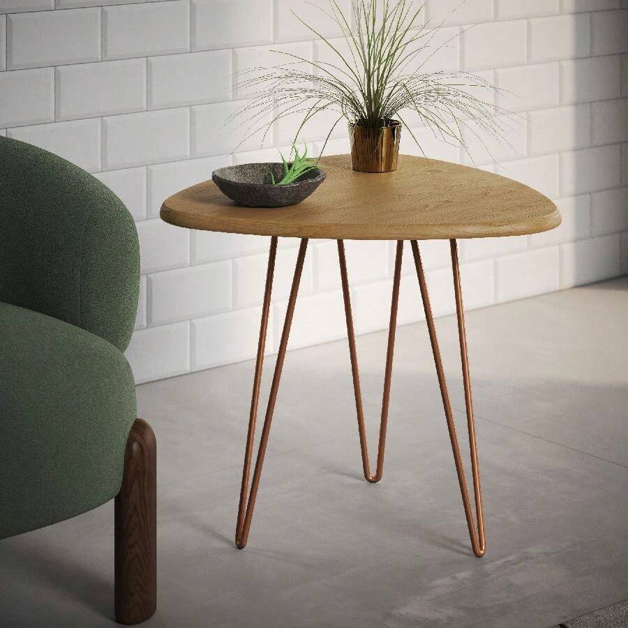 Sofa Side Table Corner Leg Clips Wooden Triangular Top Copper Iron Base ...