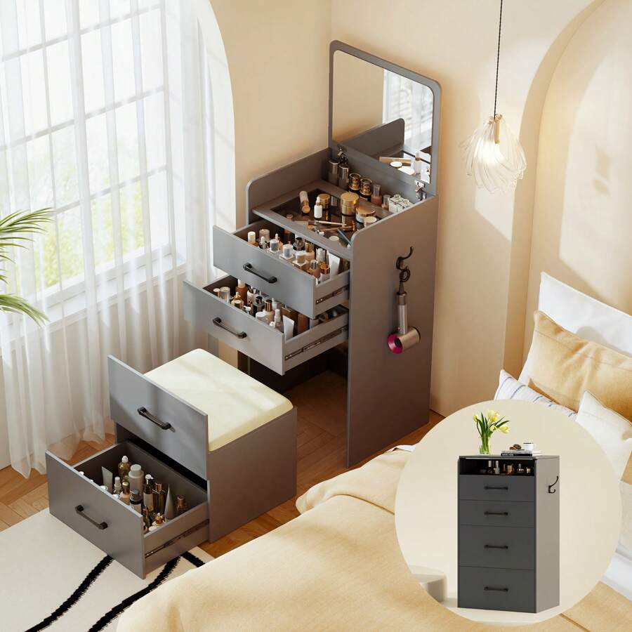 HNEBC HNEBC Small Narrow Vanity With Plip-Up Mirror And LED Lights ...