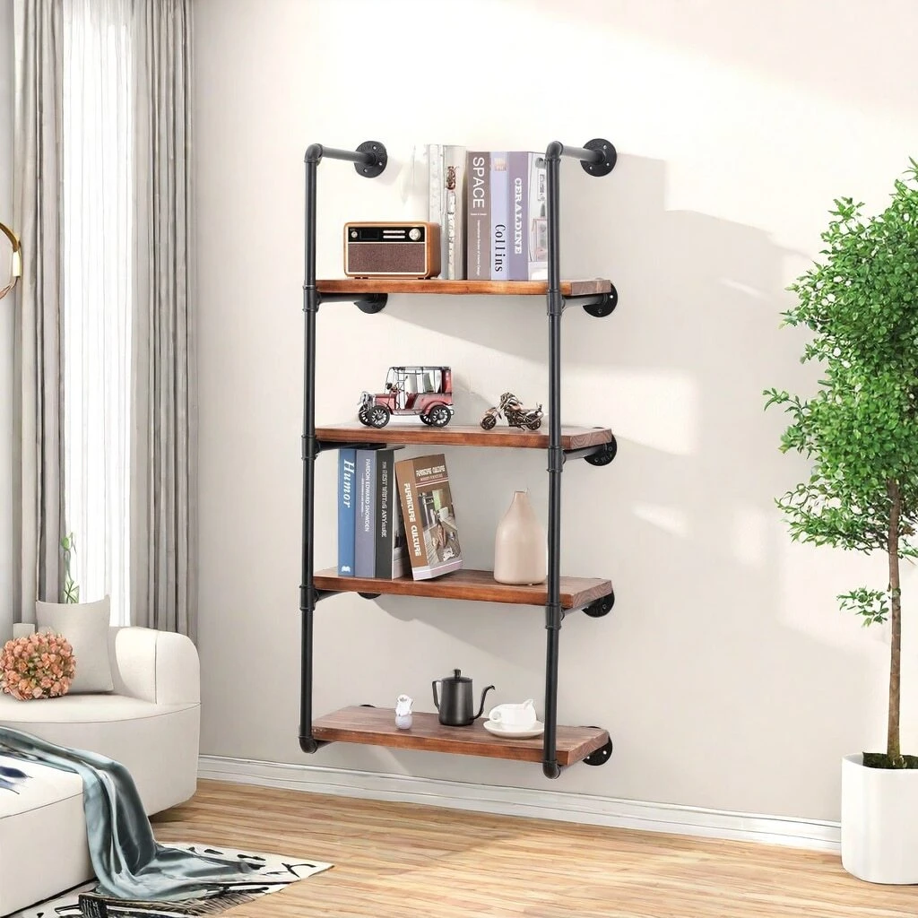 4 Tier Real Wood Wall Mounted Storage Shelves With Metal Frame ...