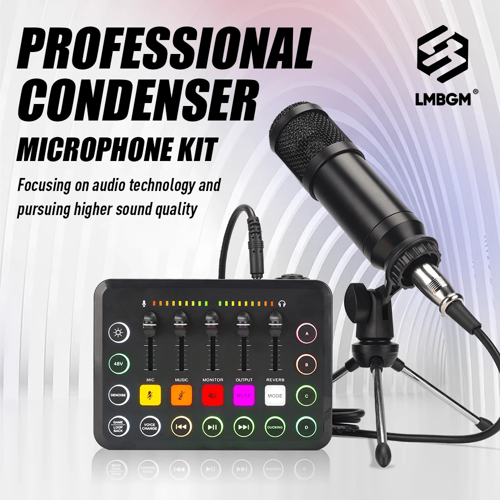 LMBGM Sound Card Tripod Condenser Metal Microphone Live Audio Mixer ...