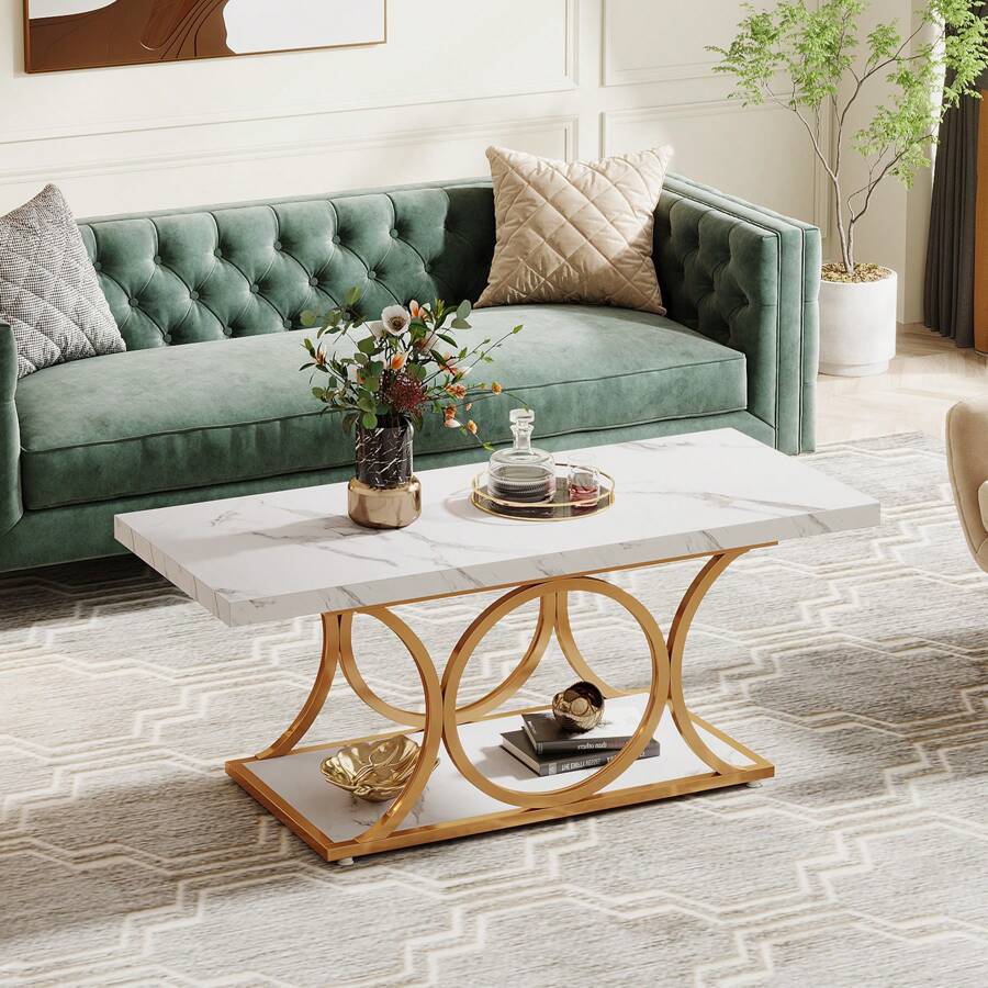 Tribesigns Tribesigns Rectangle Coffee Table, 2-Tier Faux Marble Wood Coffee Table With ...