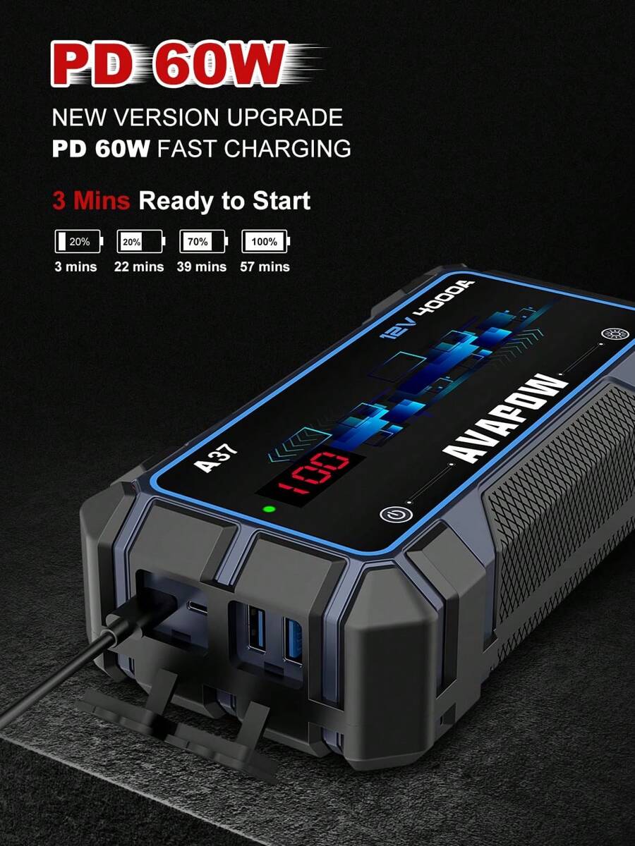 AVAPOW 4000A Peak Car Battery Jump Starter, 12V Portable Jumpstart Box ...