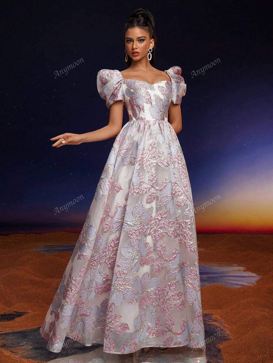 Anymoon Puff Sleeve Off Shoulder Shiny 3D Floral Jacquard Women s anymoon-puff-sleeve-off-shoulder-shiny-3d-floral-jacquard-women-s