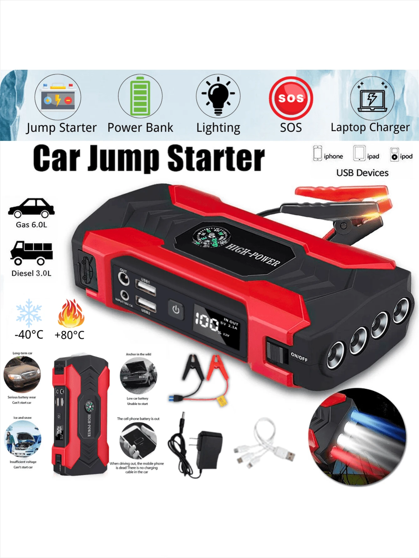 Bateria de carro 12V Jump Starter, 400A Jump Box, bateria portátil para ...