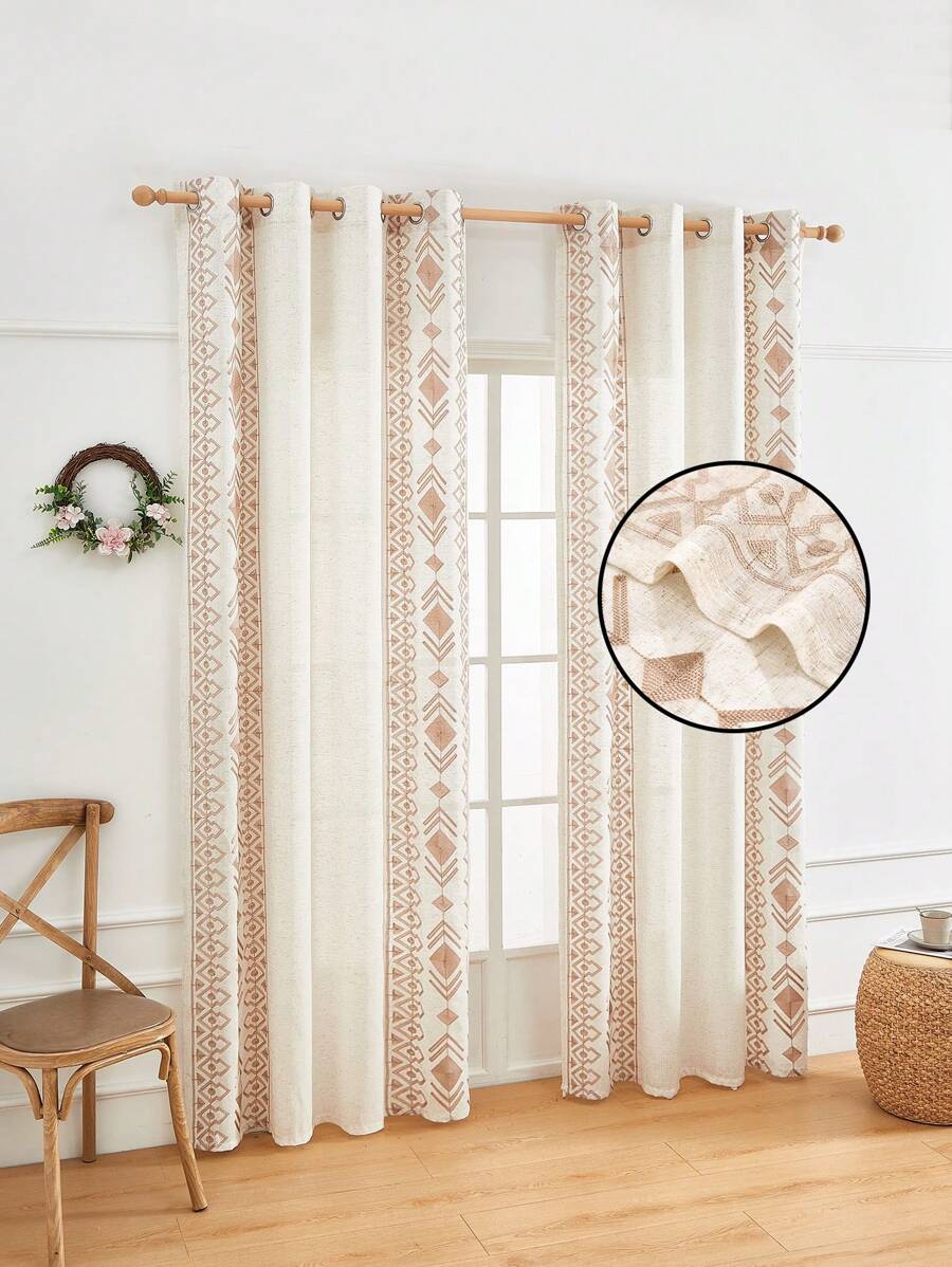 1pc Thickened Linen Rhombus Embroidered Cut-Out Window Curtain ...