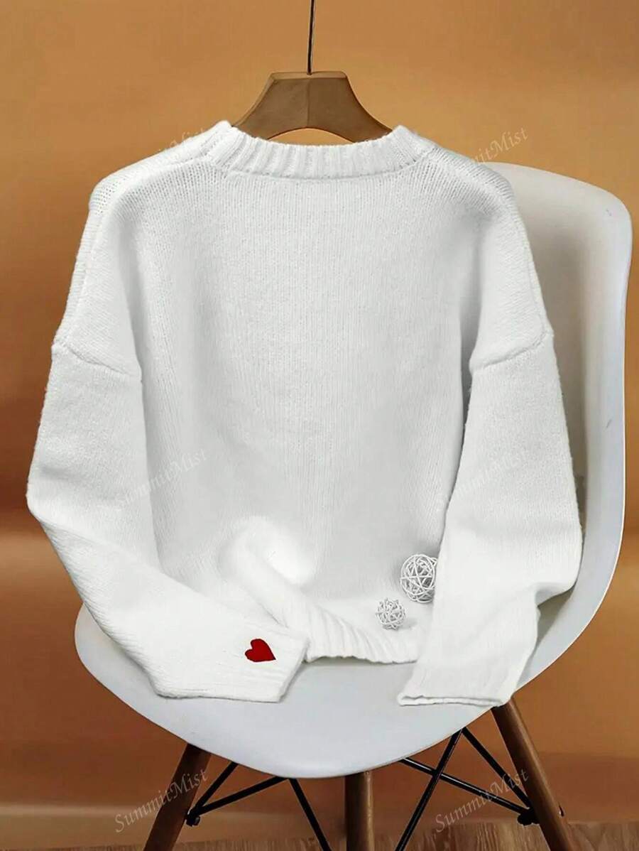 Heart Pattern Dropped Shoulder Sweater, Multifunctional Crew Neck Long ...