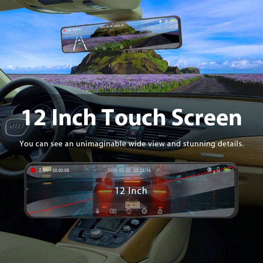 E-ACE 2K Streaming Rearview Mirror Dash Cam GPS WIFI 12 Inch IPS Touch ...